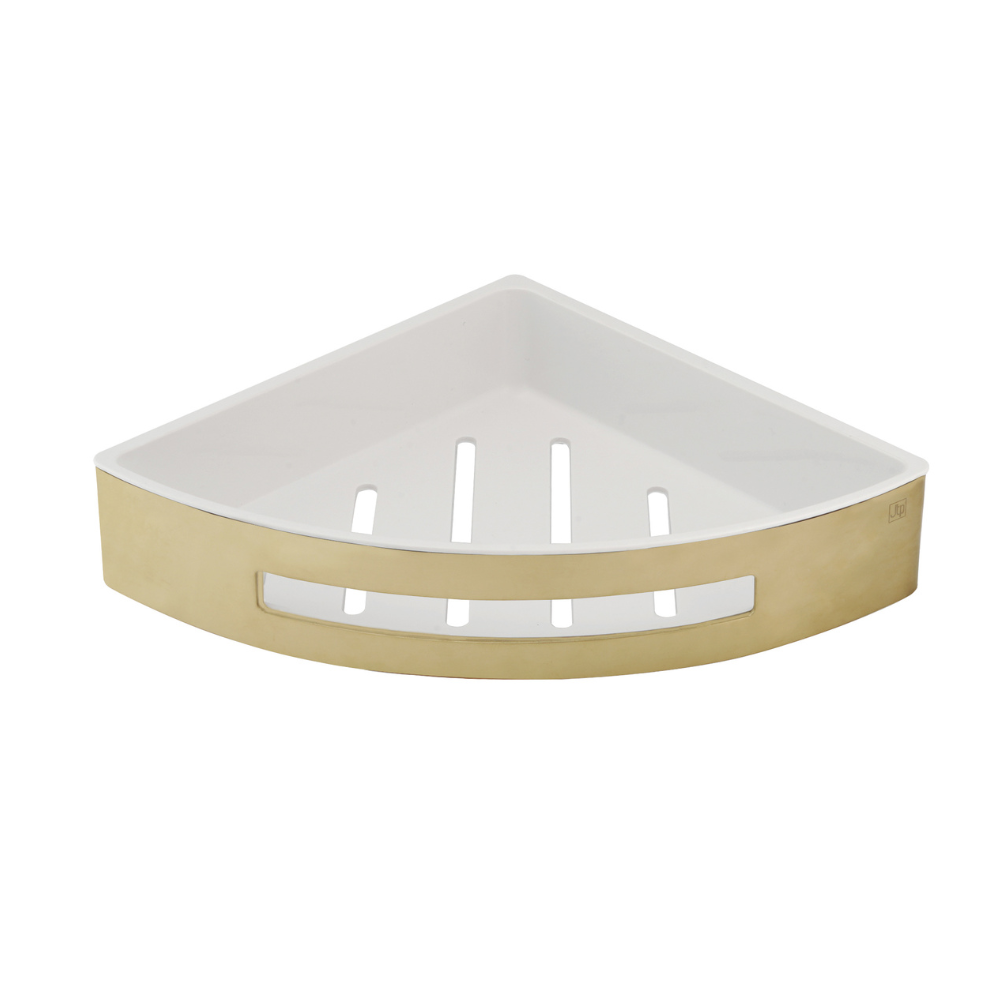 JTP Vos Corner Shower Basket In Brushed Brass – Bathrooms Direct Yorkshire
